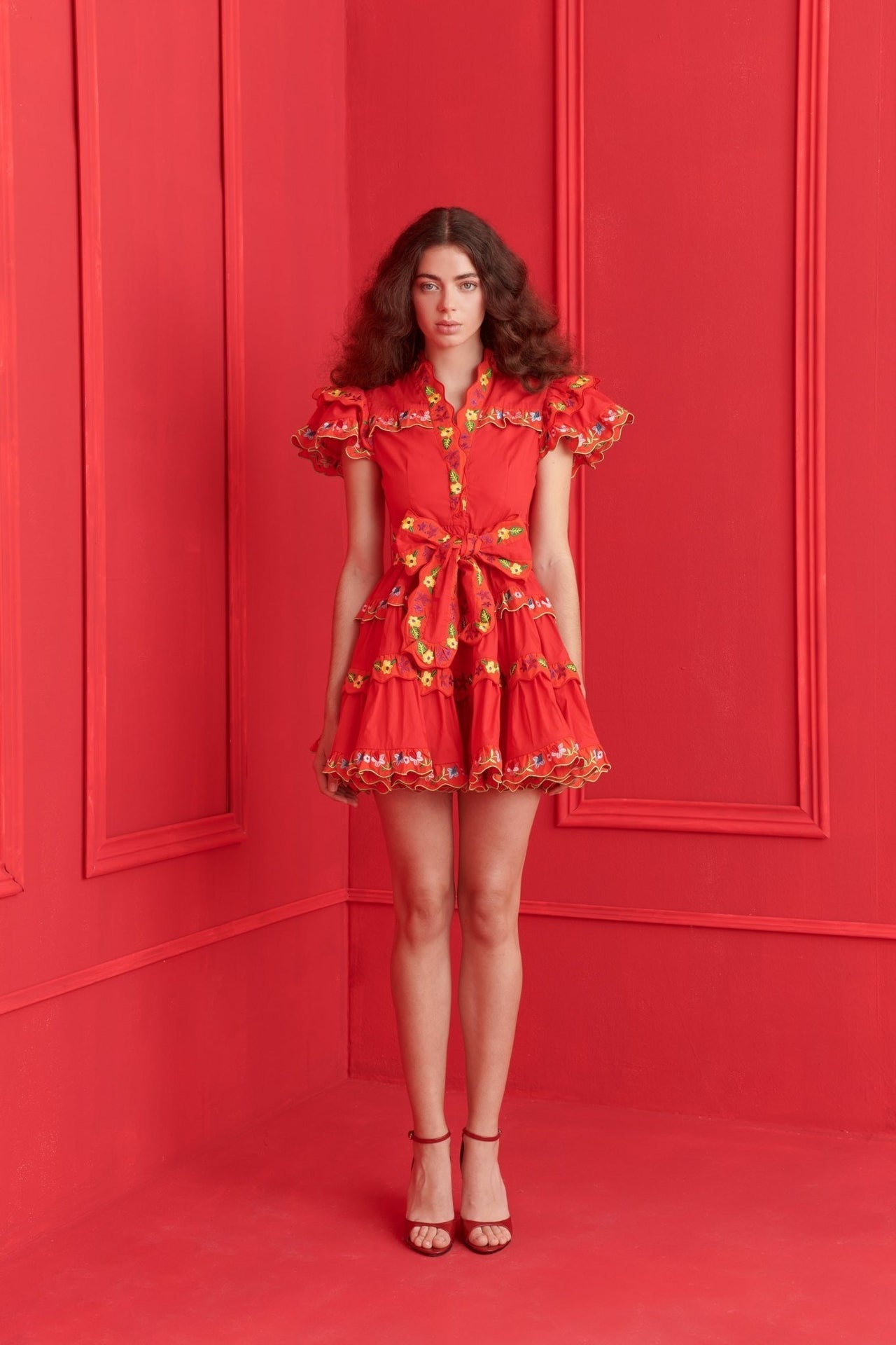 Haze Dress by CeliaB – Bold Red Floral Dress with Ruffles and Waist Tie ...