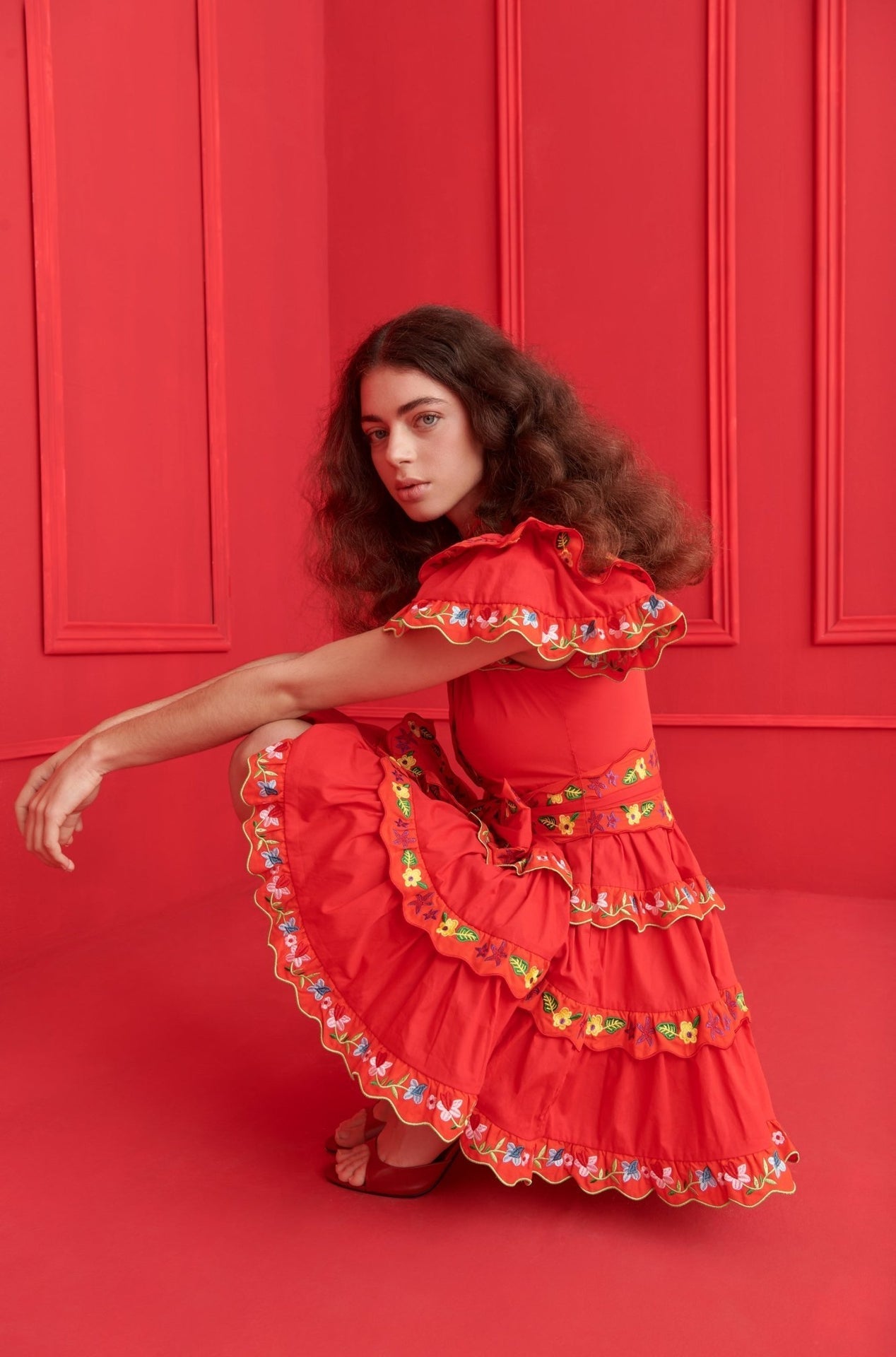 Haze Dress by CeliaB – Bold Red Floral Dress with Ruffles and Waist Tie ...
